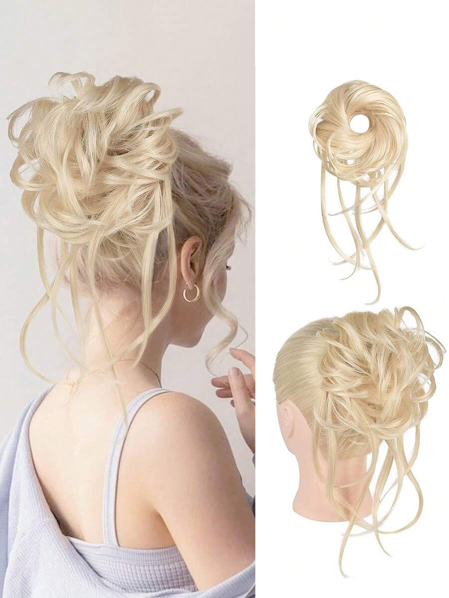 A disheveled bun with hair patches and an extra long, high bun with 10 ...