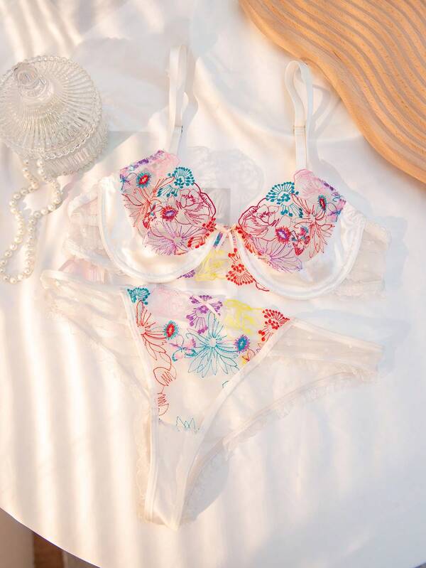 Nina Bonheur 2pcs Sexy Embroidery Underwire Bra And Panty Set | SHEIN USA