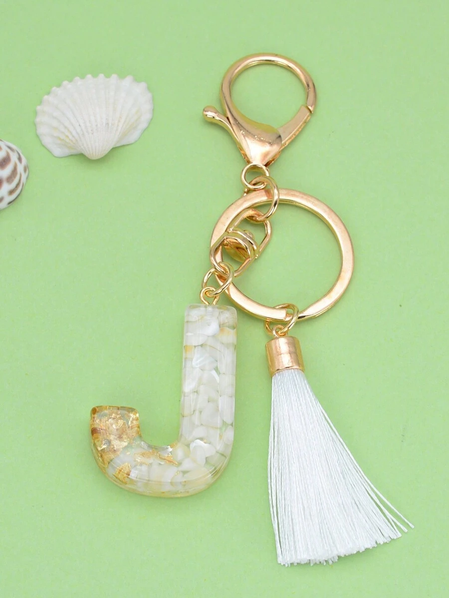 Boho 1pc Unisex White Tassel Letter J Keychain With Shiny Gold Foil ...