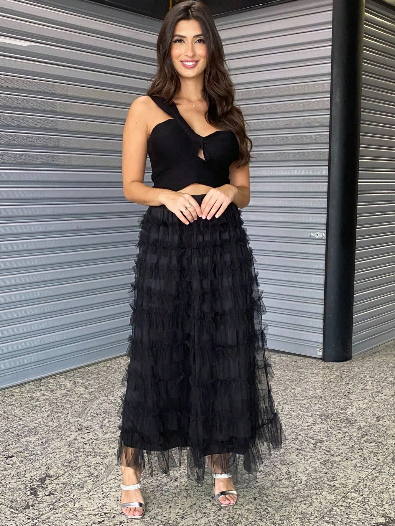 Saia Longa Babado de Tule | SHEIN Brasil