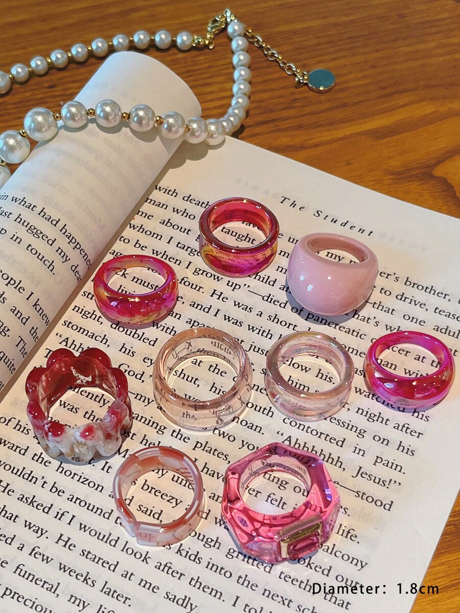 9 Stylish Popular Pink Cute Resin Rings For Girls Colorful Plaid ...