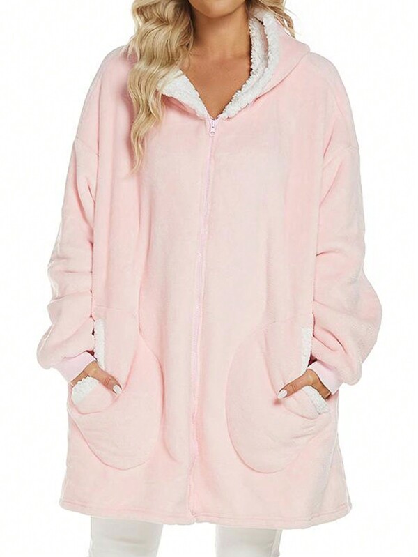 Pink Plush Homewear Bathrobe With Double Pockets | SHEIN USA