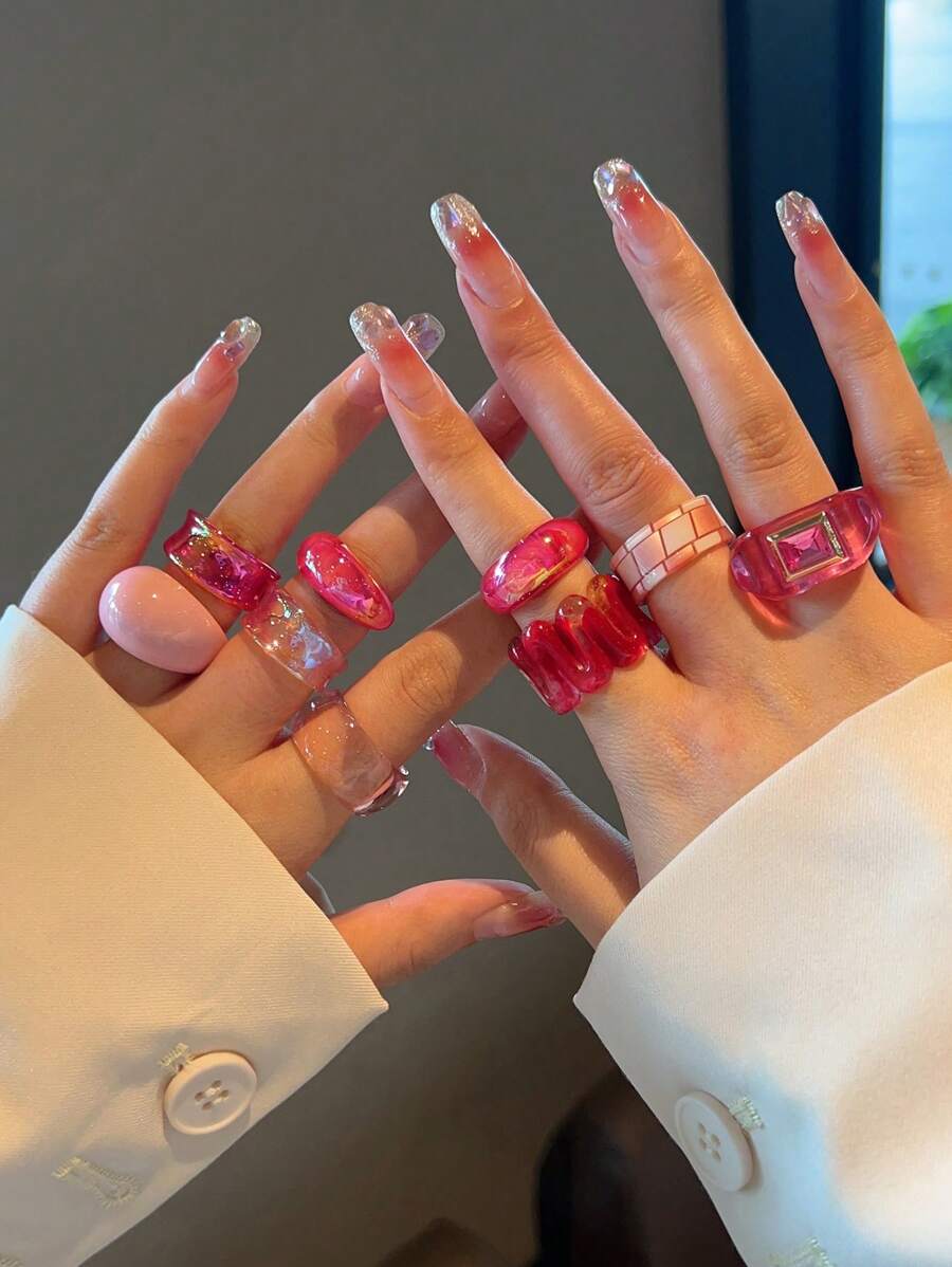 9 Stylish Popular Pink Cute Resin Rings For Girls Colorful Plaid ...