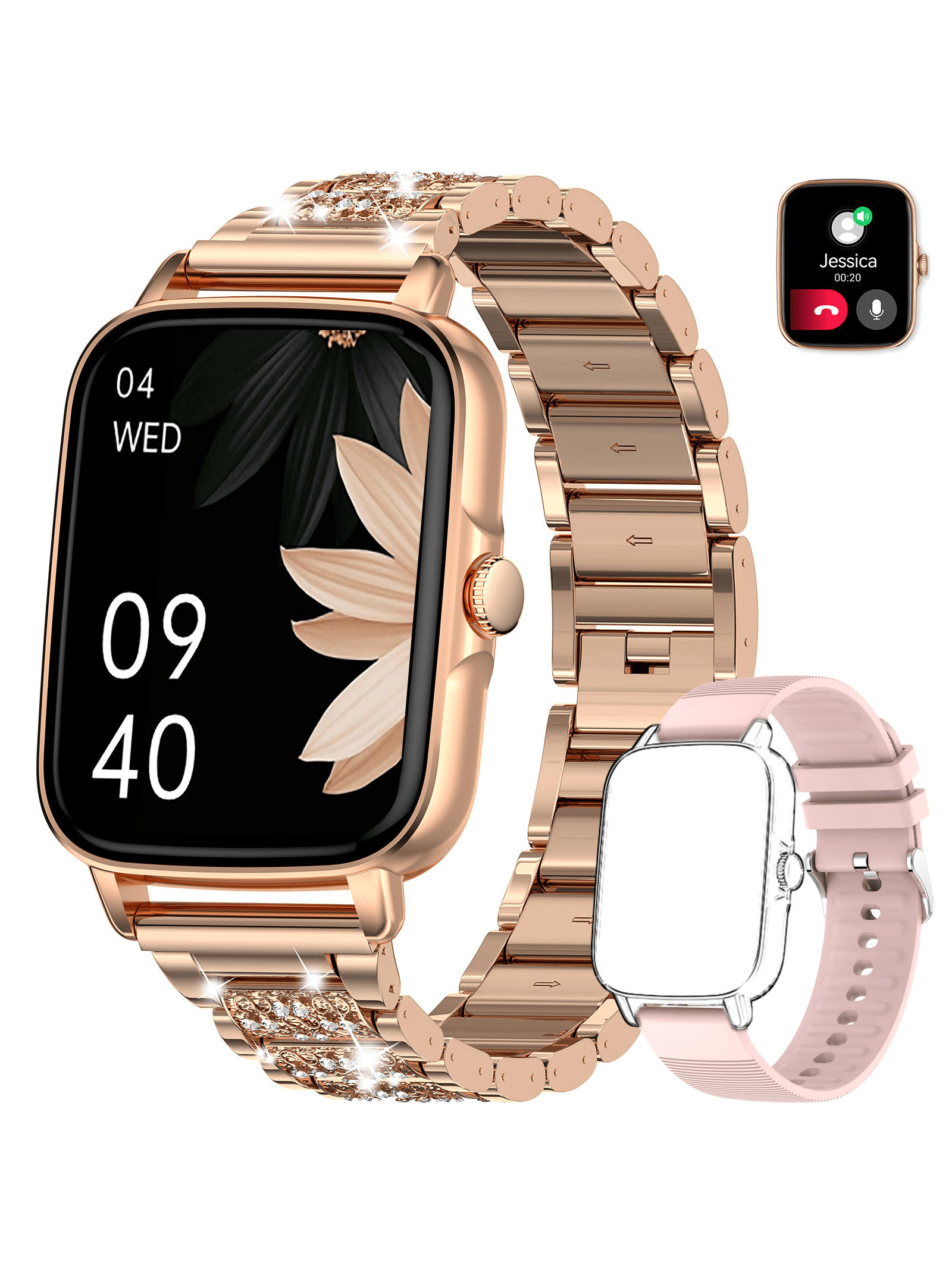 1pc Stainless Steel Strap with Rhinestone Smart Calling Watch for Women ...