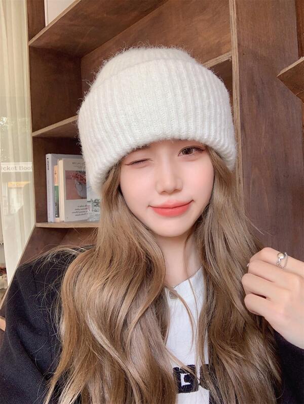 1pc Solid Color Wool Knitted Beanie Hat, Warm Plush Skull Cap, Elegant ...