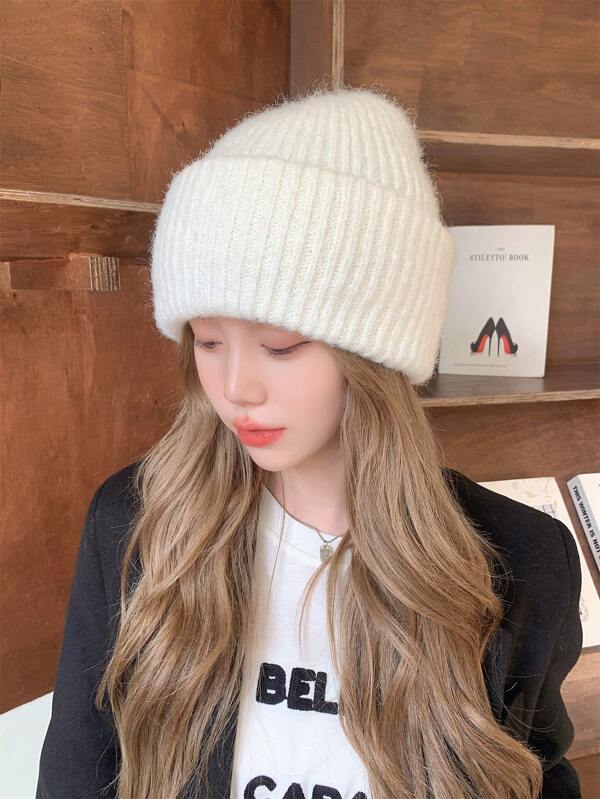 1pc Solid Color Wool Knitted Beanie Hat, Warm Plush Skull Cap, Elegant ...