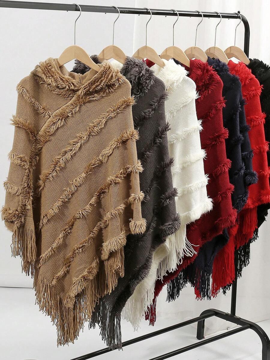 1pc Ladies' Poncho, European And American Style Hooded Knit Cape Shawl ...