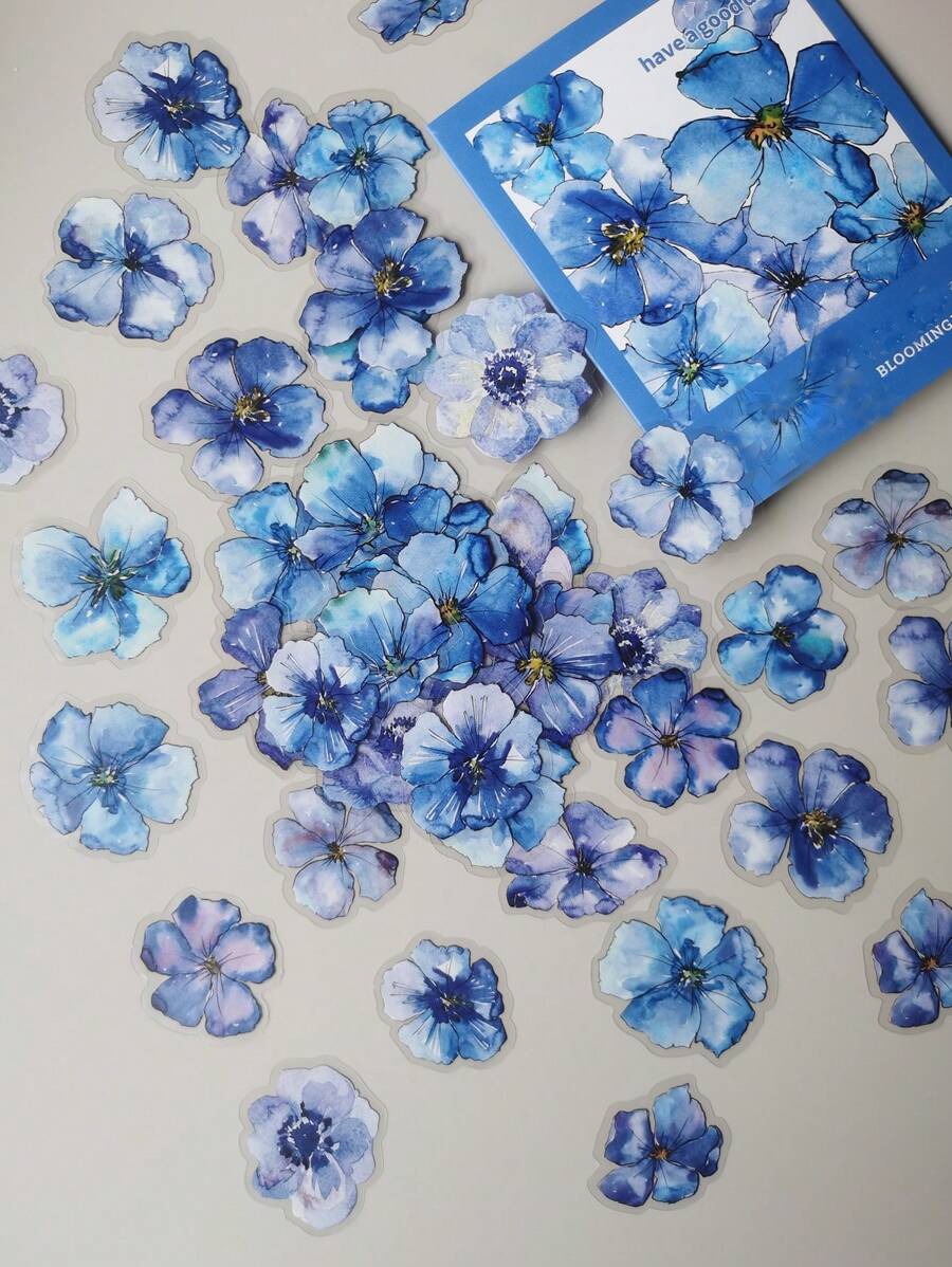1 Pack/50 Sheets Blue Flower Decor Pet Stickers For Scrapbooking And ...