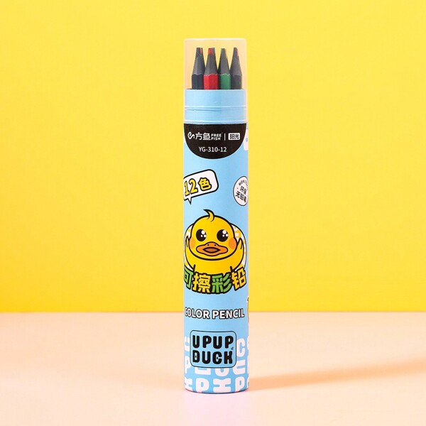 1 Bucket 12pcs Little Yellow Duck Erasable Colored Pencils Set For ...