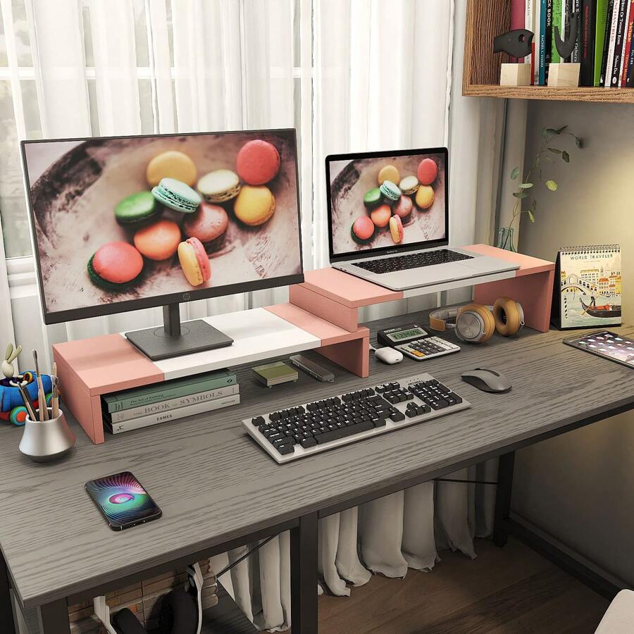 Dual Monitor Stand - Riser 2 Shelf Computer with Adjustable Length and ...