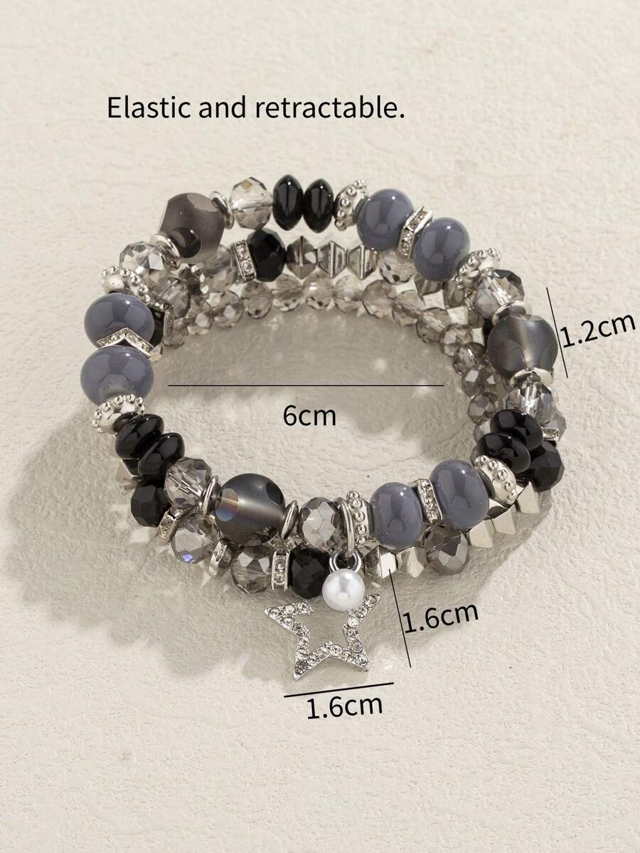 3pcs/set Women's Bohemian Crystal Beads & Silver Alloy Block Stretch ...