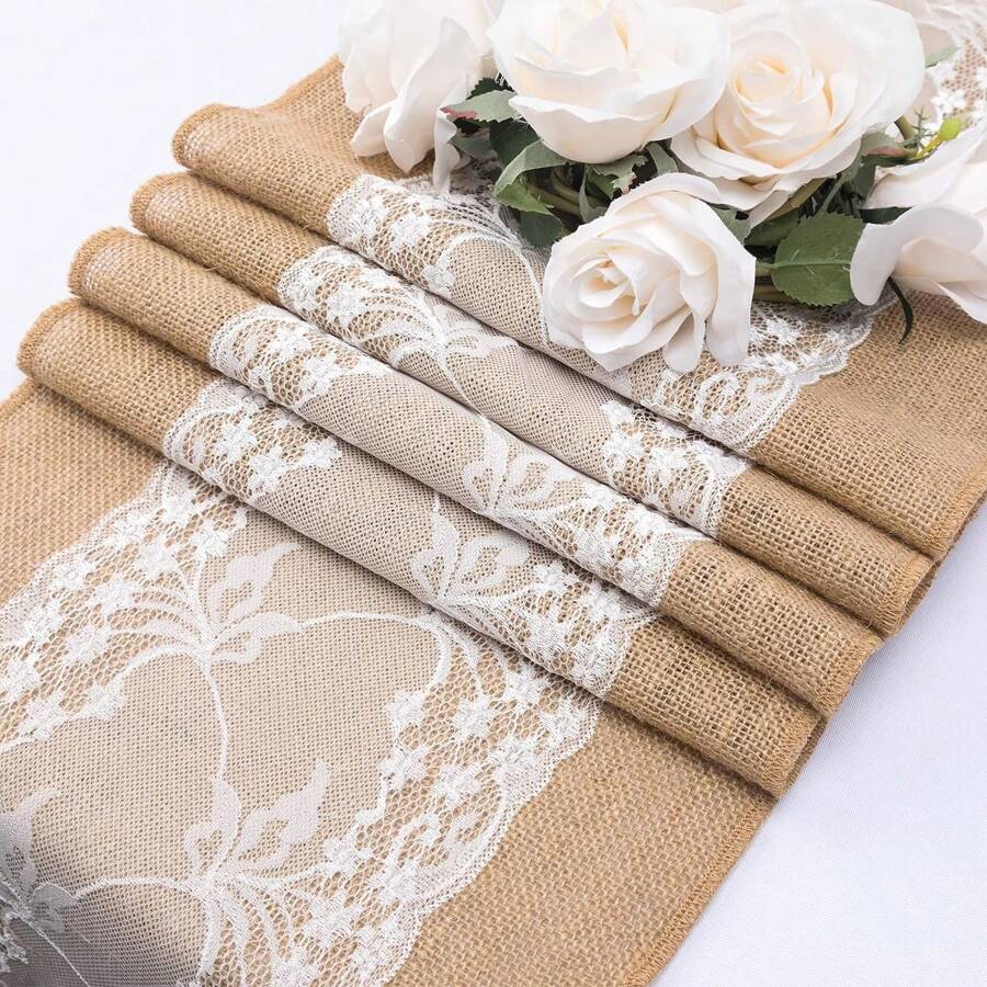 1pc Burlap Table Runner With White Lace Embellishments, Country Style ...