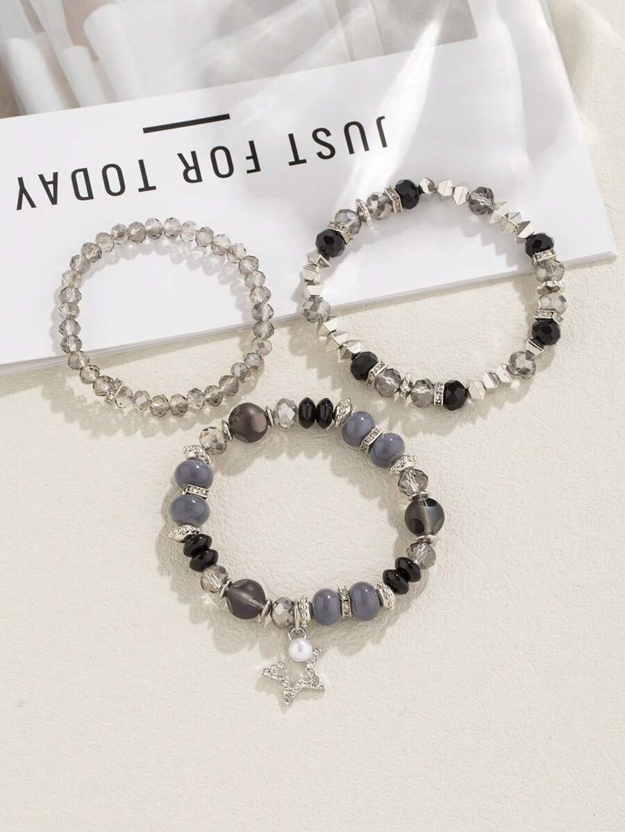 3pcs/set Women's Bohemian Crystal Beads & Silver Alloy Block Stretch ...