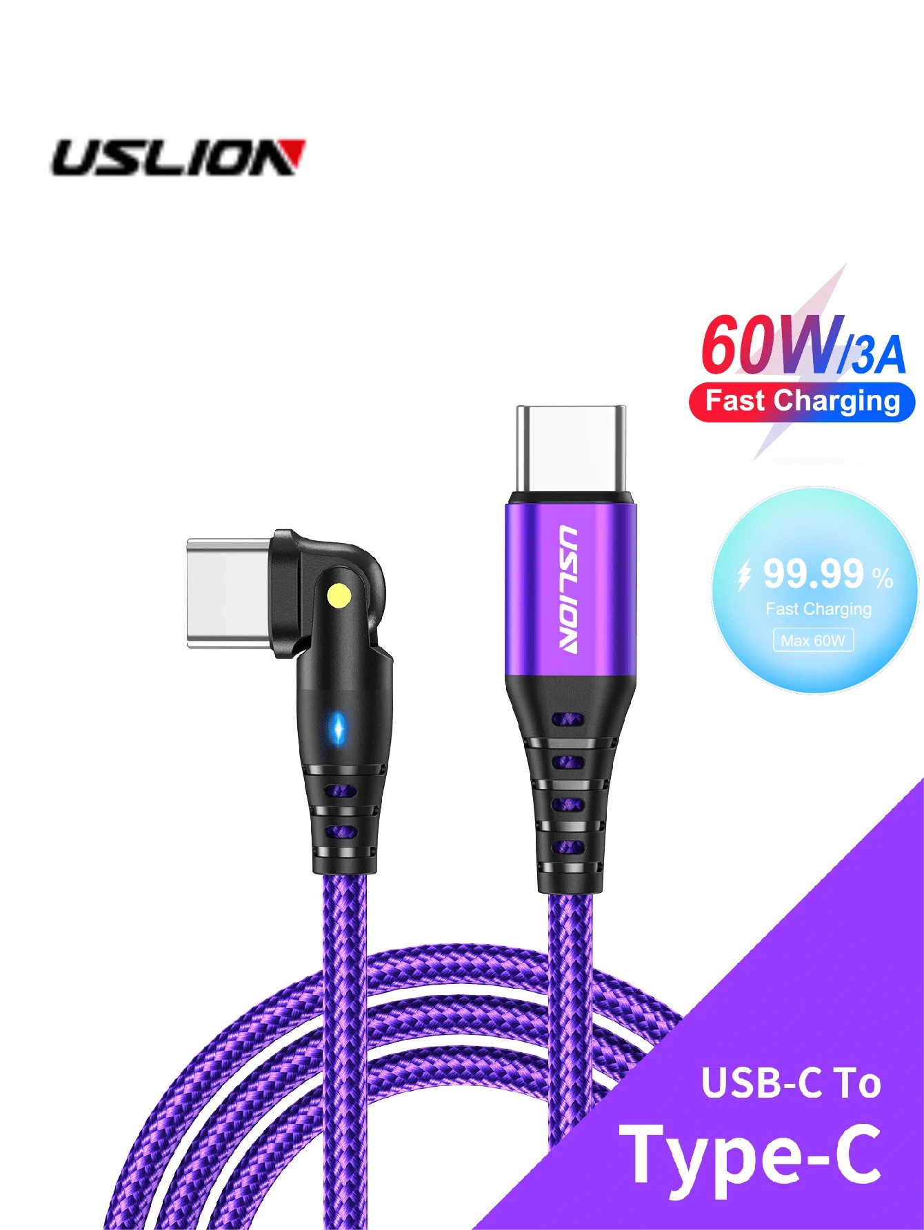 USLION USLION Purple PD 60W Type C To Type C 2M Cable 180 Rotate Fast ...