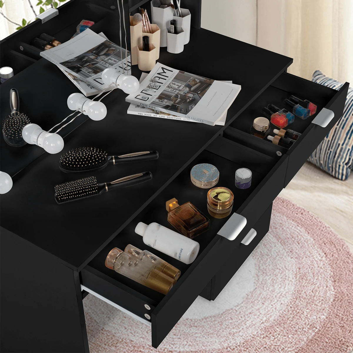 Makeup Desk Set,Particleboard Triamine Veneer 6 Pumps 2 Shelves Mirror ...