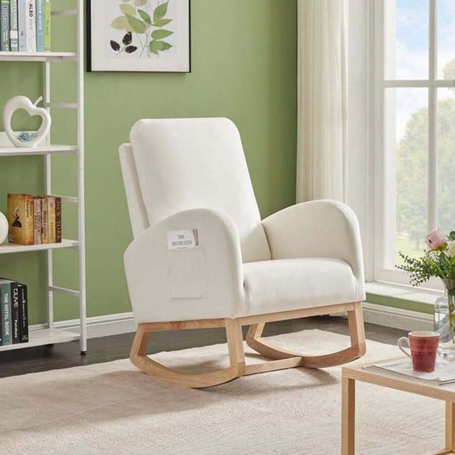 High Back Side Bag Flannelette Wood Indoor Rocking Chair Beige | SHEIN USA