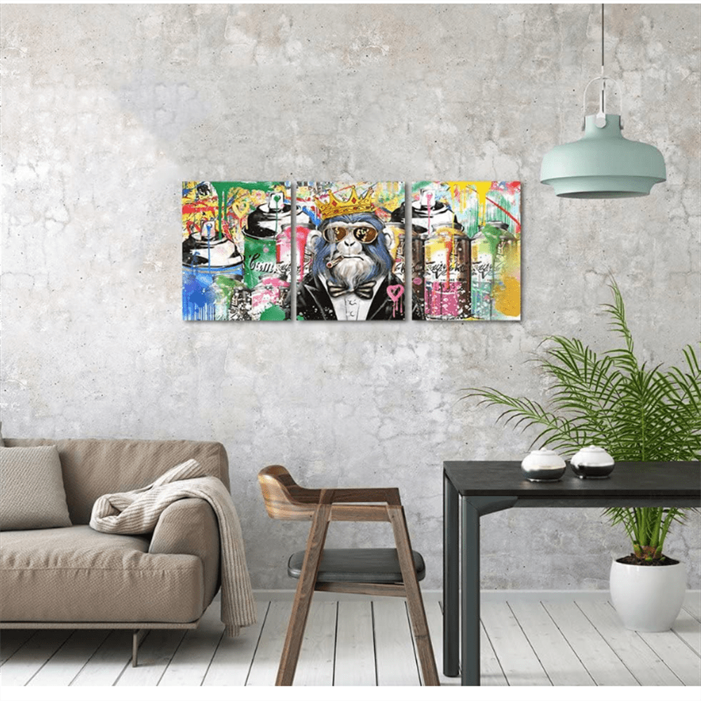 Frameless 3 Piece Graffiti Monkey Wall Art Cool Smoking Monkey Canvas ...