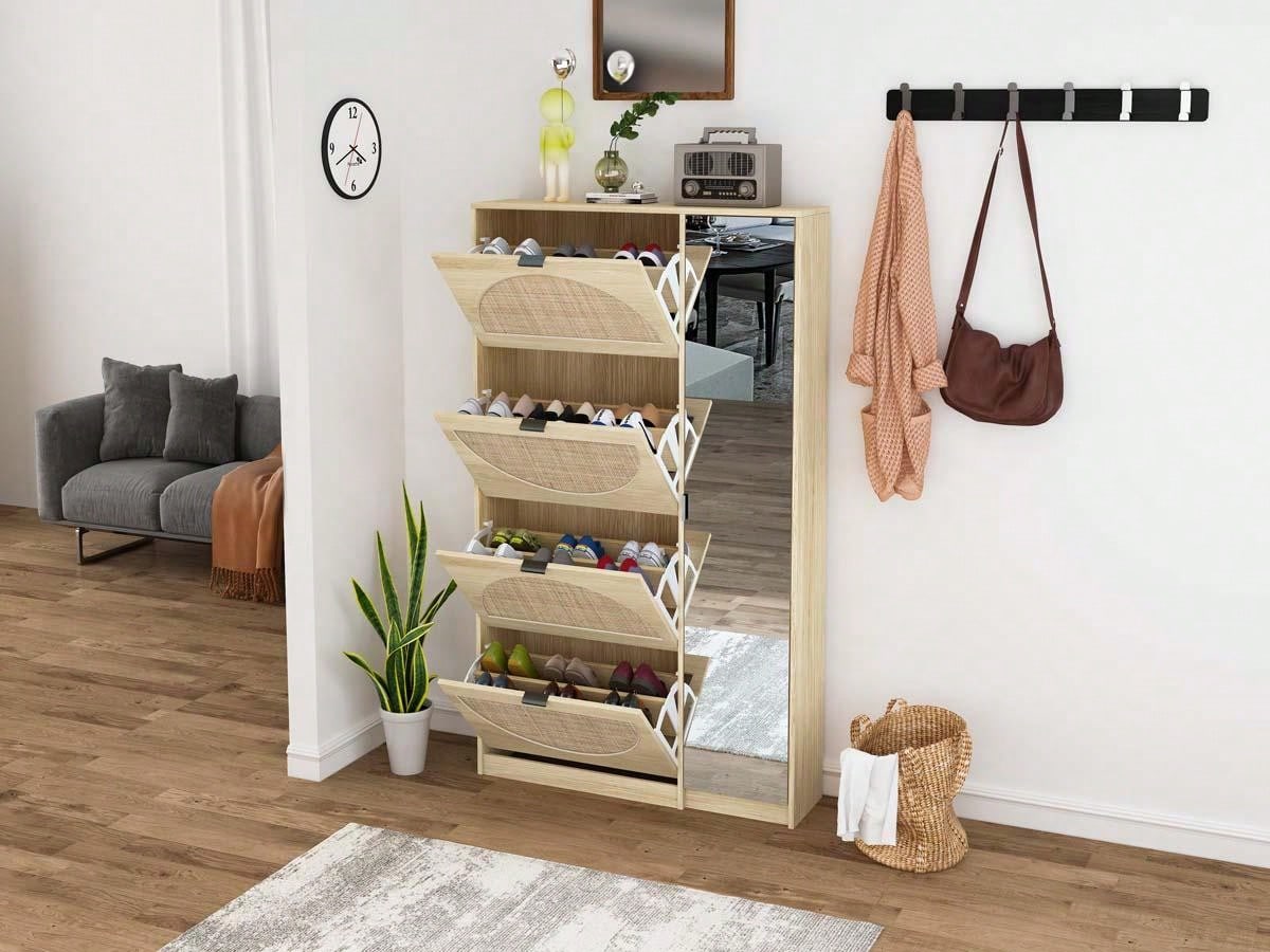 Natural Rattan Shoe Cabinet with 4-Tier Shoe Rack Storage Cabinet Wood ...