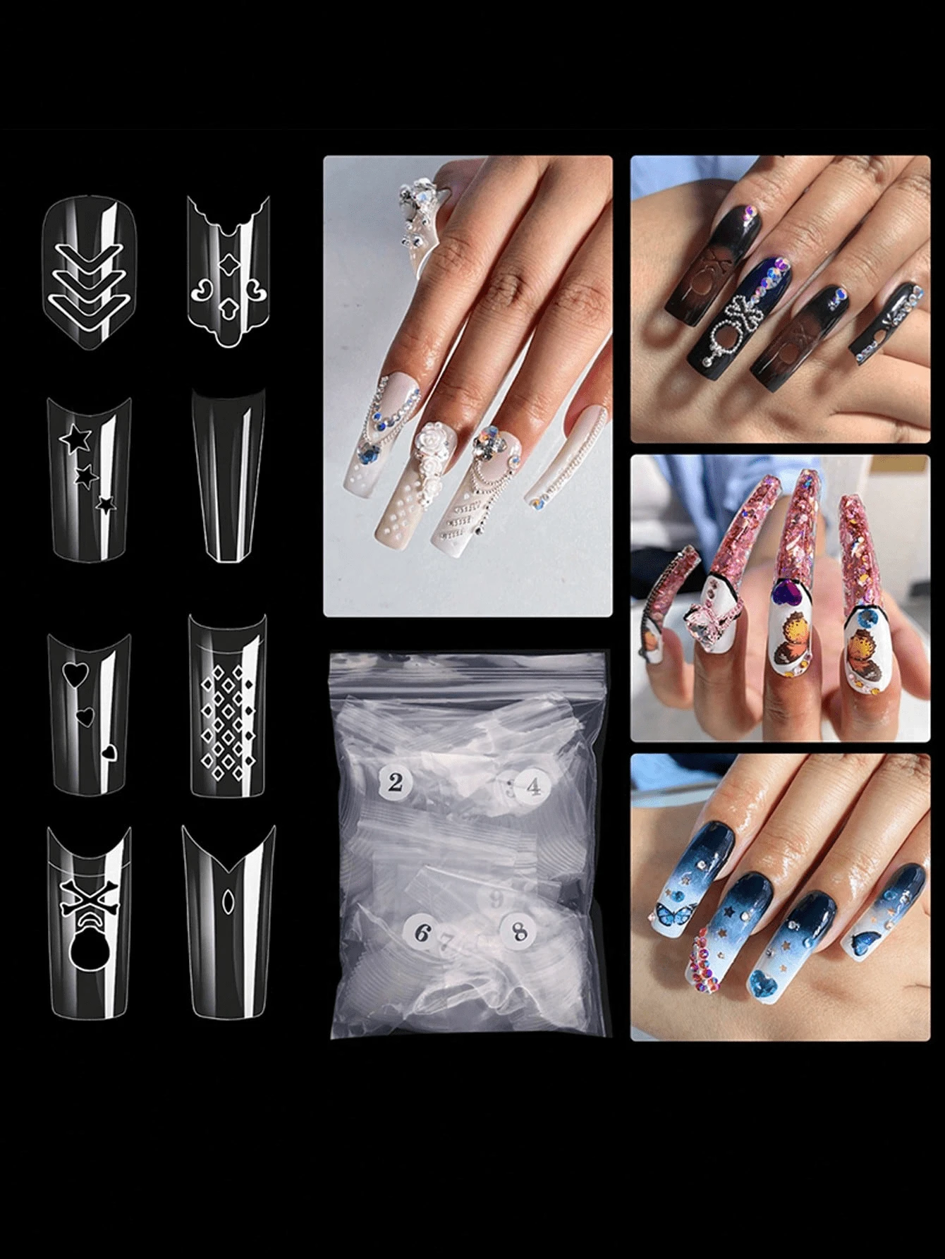 500 Pcs Nail Extension Mold Transparent Hollow Out 10 Styles Scale Dual ...