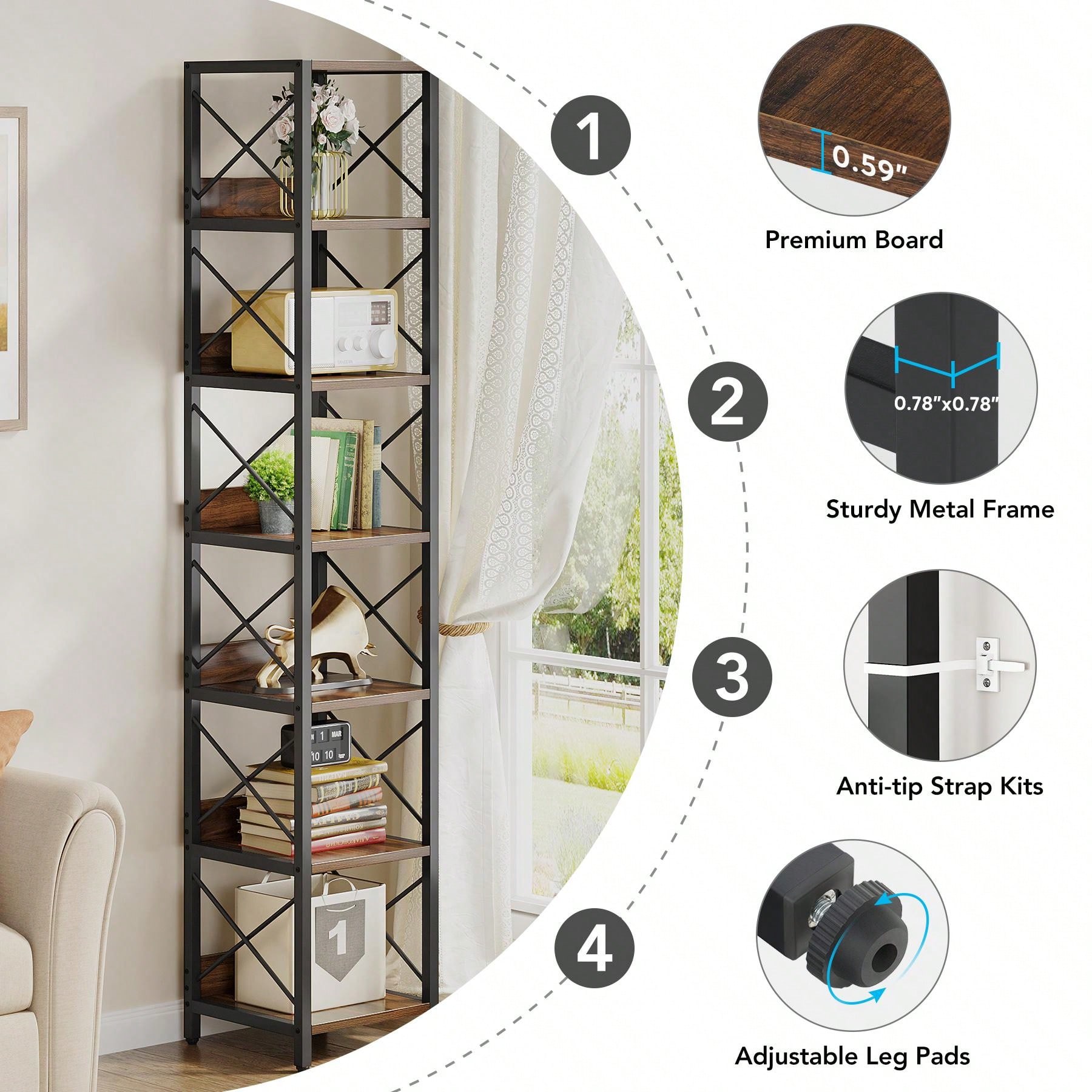 Tribesigns 6-Tier Corner Shelf, 75 Inch Tall Narrow Bookshelf Storage ...