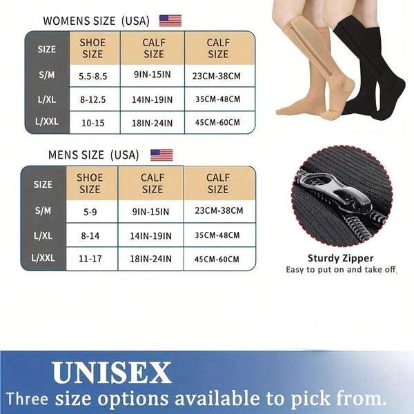 1 pair of zippered compression socks for men and women - knee high 15 ...