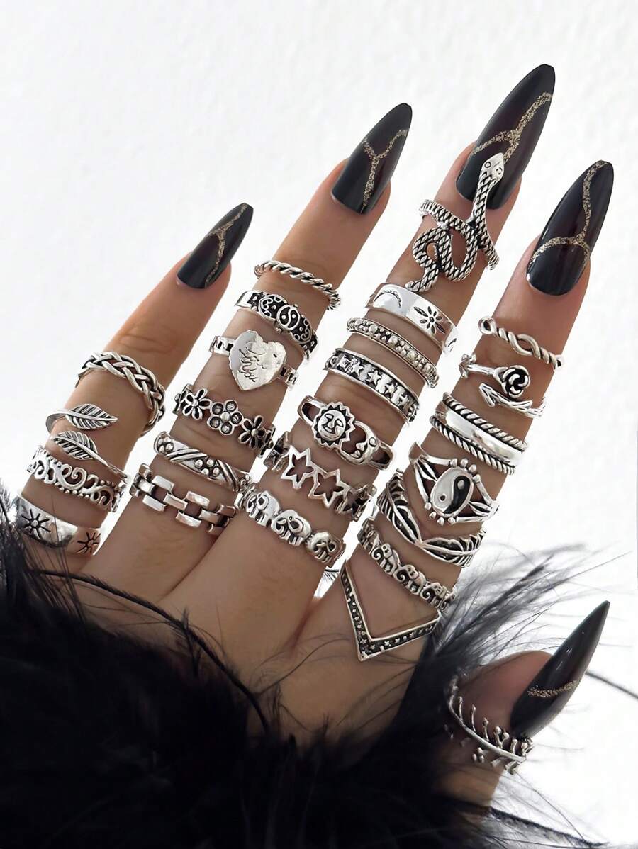 25pcs Bohemian Punk Style Sun Snake Tree Leaf Multielement Fashion Ring ...