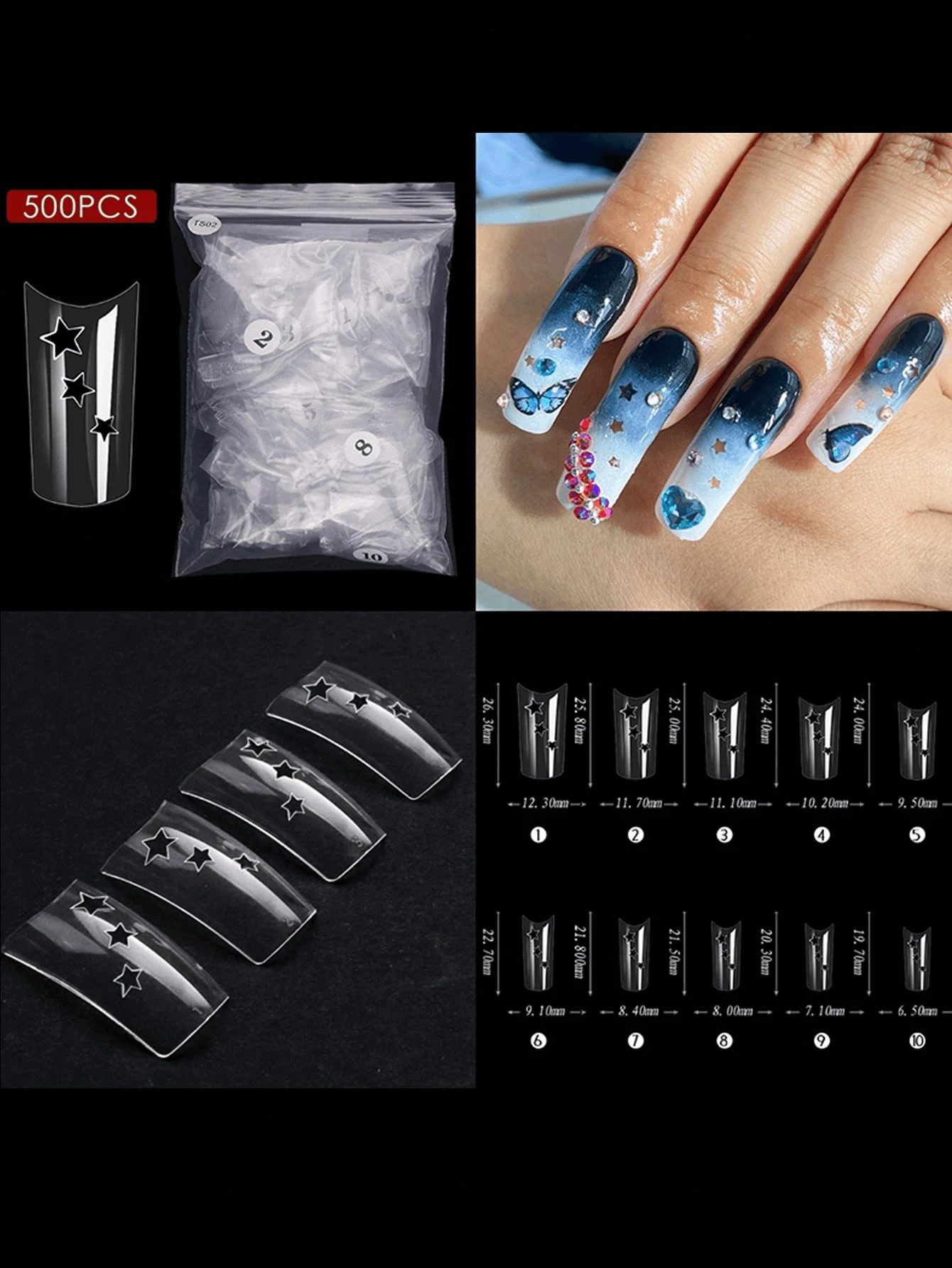 500 Pcs Nail Extension Mold Transparent Hollow Out 10 Styles Scale Dual ...
