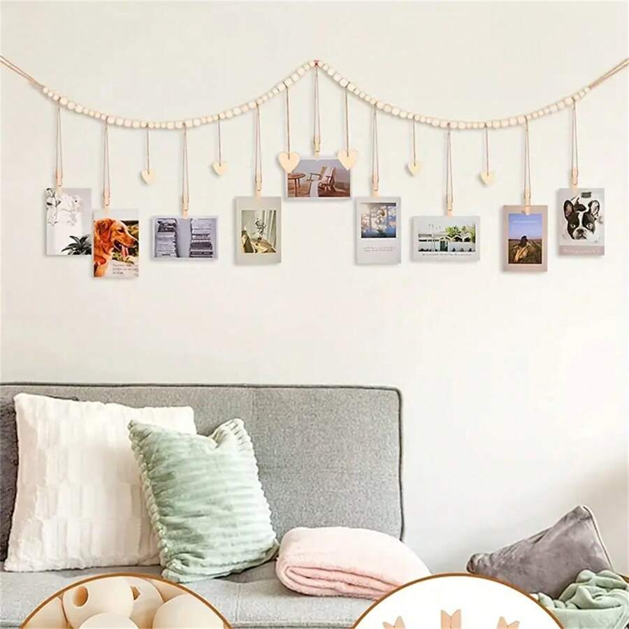 1pc Hanging Photo Display Room Wall Decor, Wooden Bead Garland Boho ...