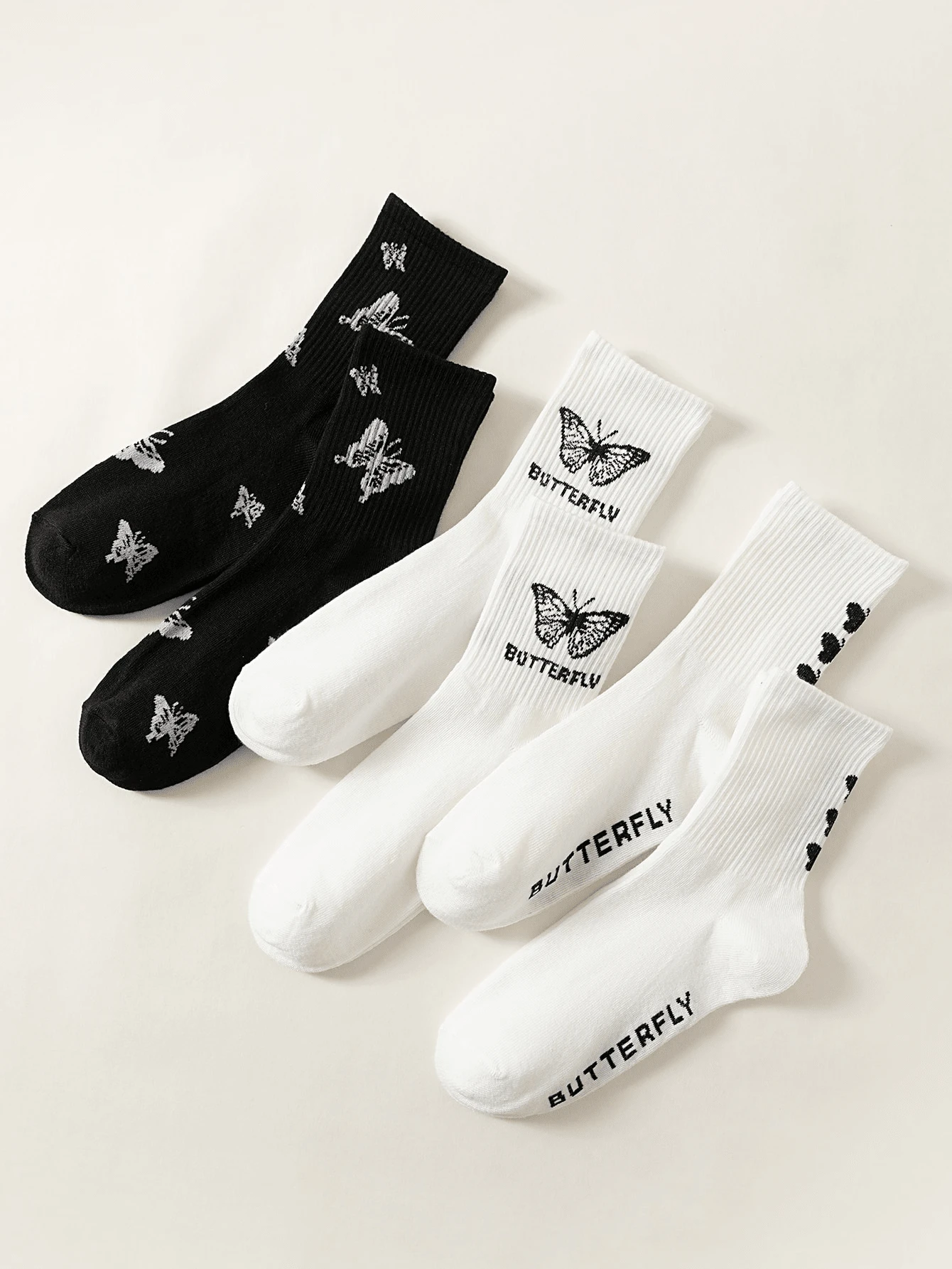 6 Pairs Black And White Butterfly Patterned Mid-Calf Women's Socks ...