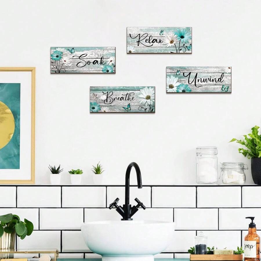 4 Pcs Farmhouse Bathroom Wall Decor Sign Daisy Floral Flowers And ...