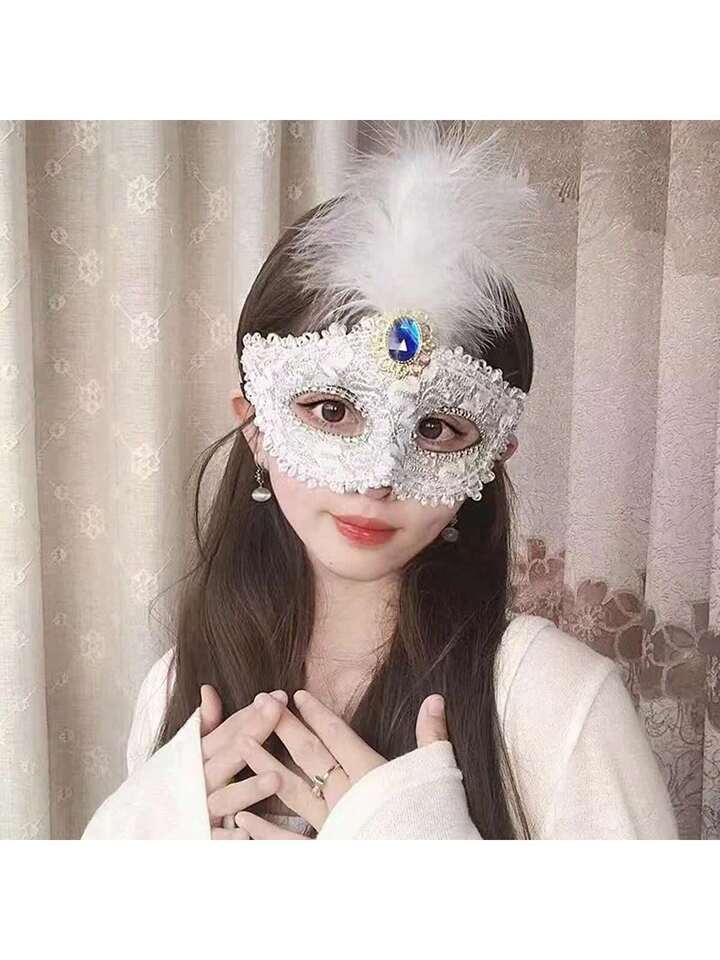 Feathered Half-face Princess Elsa Masquerade Mask For Costume Party ...