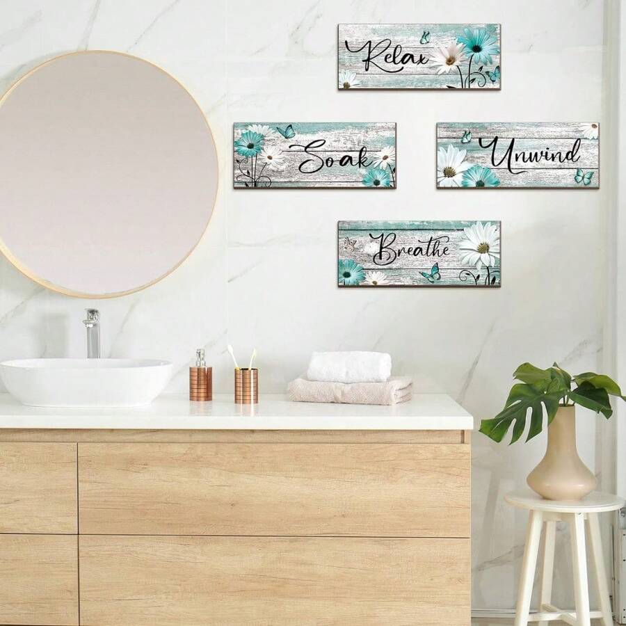 4 Pcs Farmhouse Bathroom Wall Decor Sign Daisy Floral Flowers And ...
