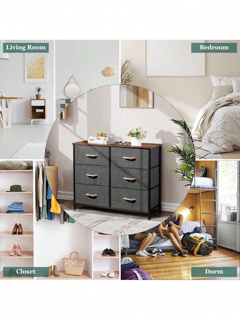 3-Tier Wide Dresser, Storage Unit with 6 Easy Pull Fabric Drawers Metal ...