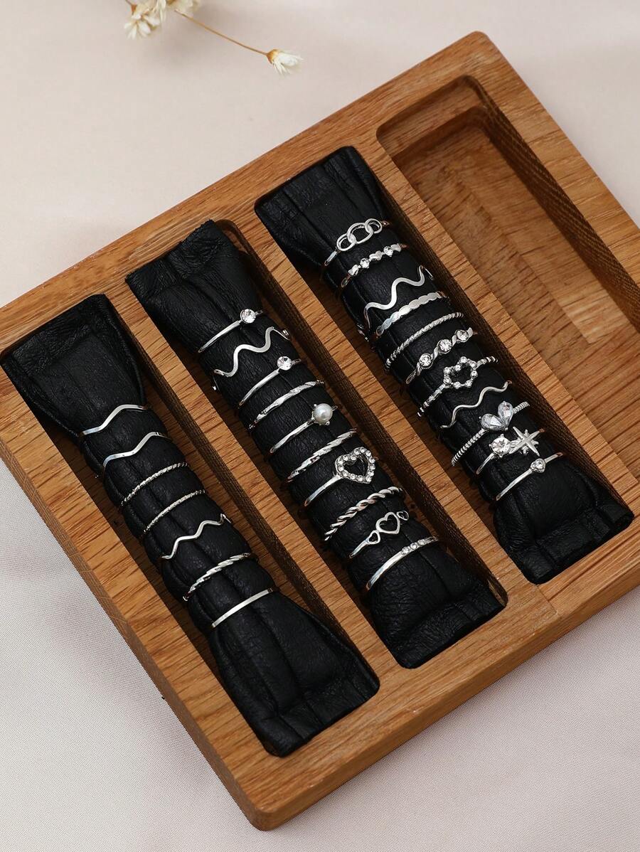 28pcs Love Themed Fashion Rings Simple Rhinestone Inlaid Bohemian ...