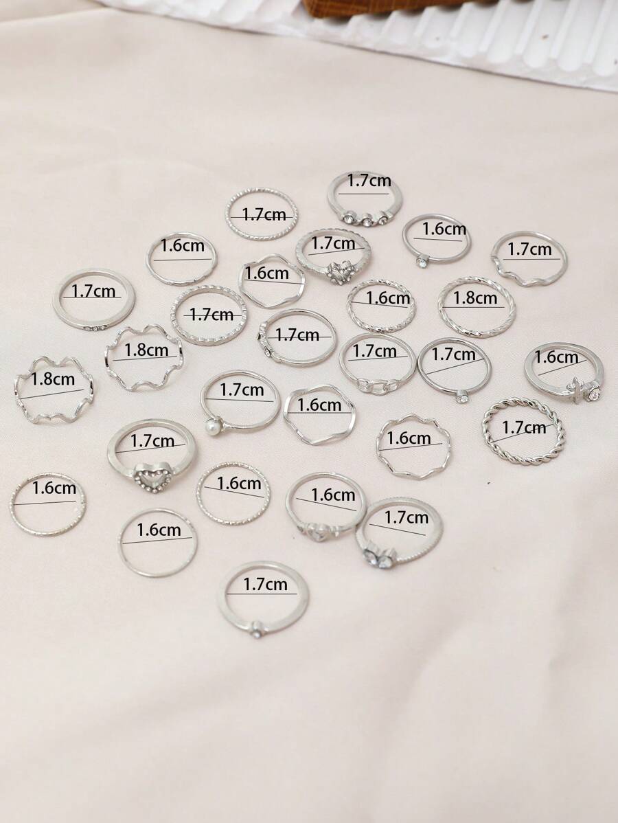 28pcs Love Themed Fashion Rings Simple Rhinestone Inlaid Bohemian ...