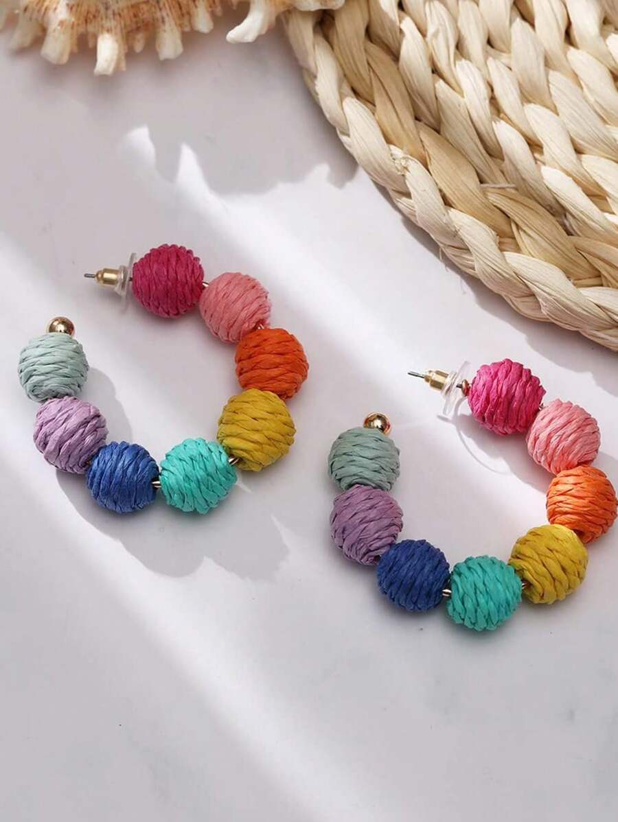 Tsnamer 1Pair Boho Statement Colorful Raffia Rattan Hoop Drop Dangle Earrings For Women Girls ...