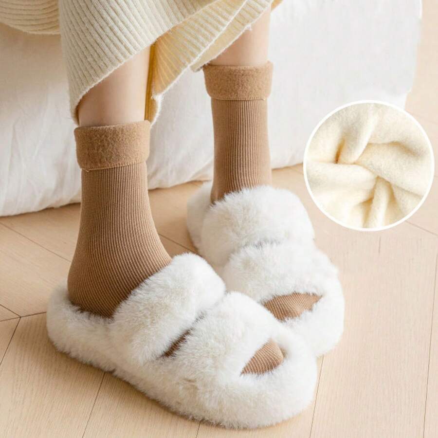 5pairs Women's Solid Color Thickened Fleece Lined Winter Snow Socks For ...
