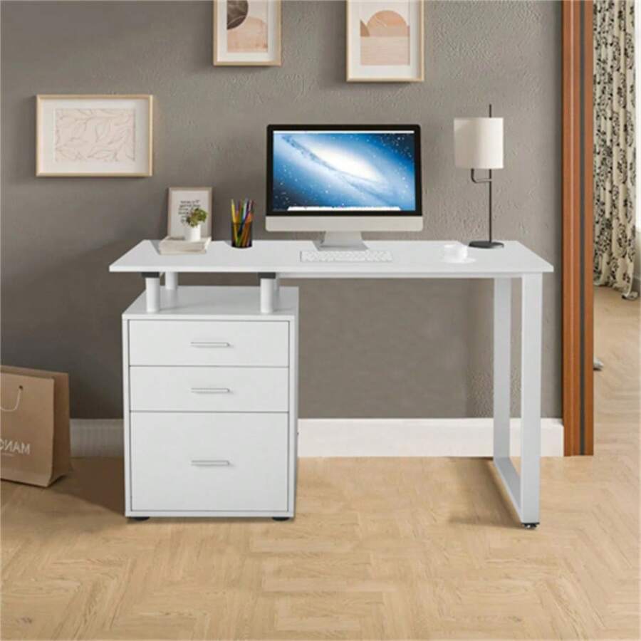 Pipe Rack Computer Desk Office Desk With 3 Drawers White | SHEIN USA