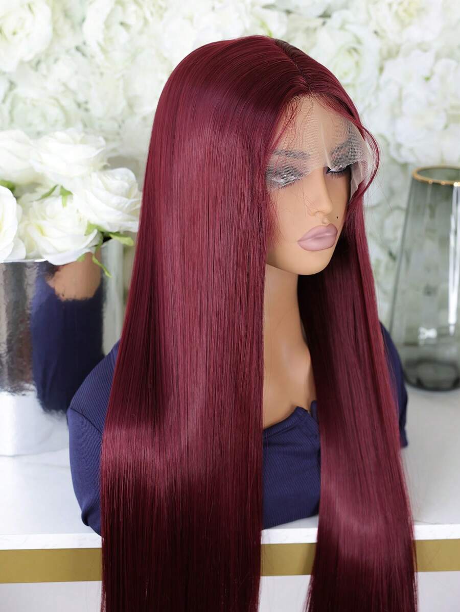 Perruque Lace Front Wig Synthétique Sans Colle Bordeaux Naturelle, 26 Pouces, Cheveux Lisses Et ...
