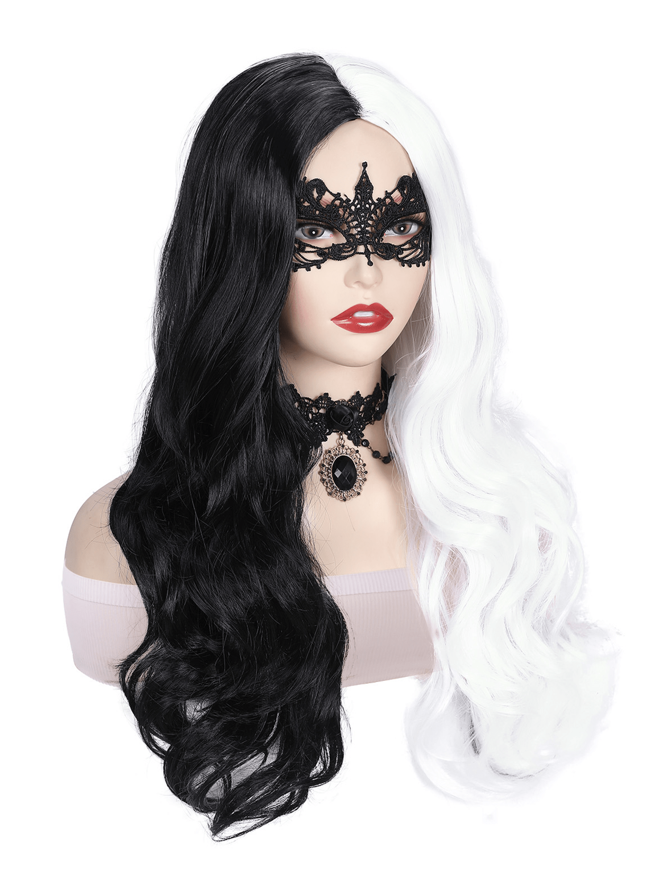 Ipc Half Black Half White Wigs Long Curly Synthetic Women Full Wigs For Halloween Cosplay Daily