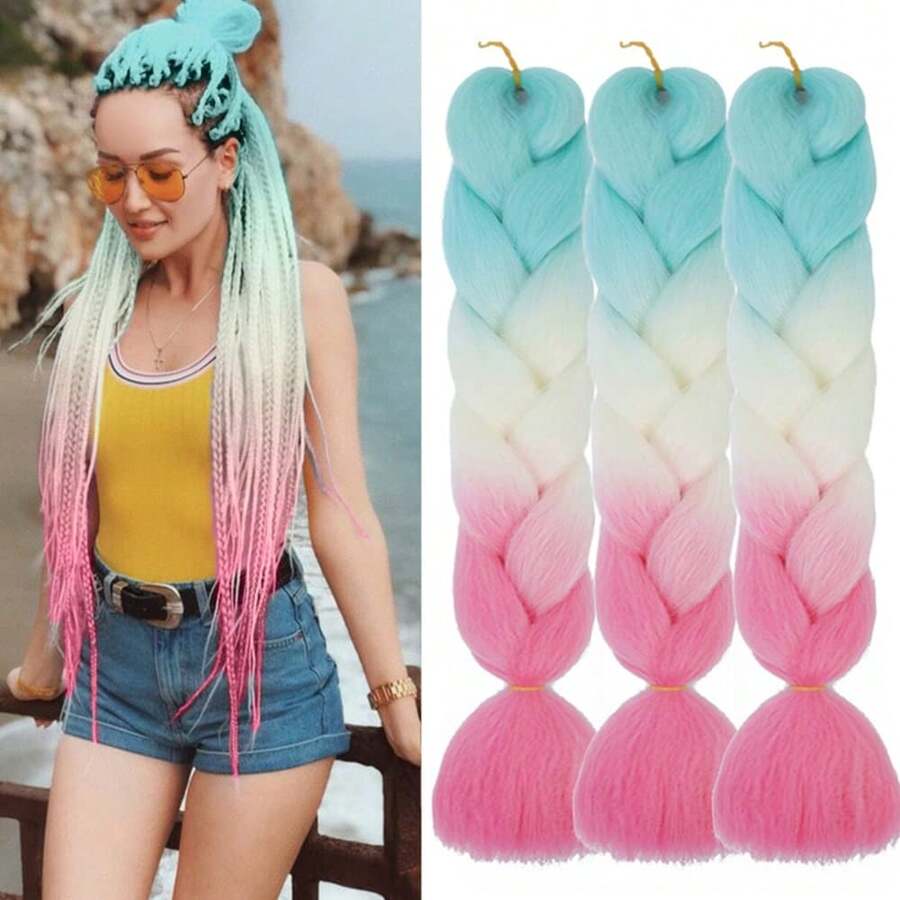 Ombre White Pink Braiding Hair Extensions 24 Inch 3Packs Synthetic ...