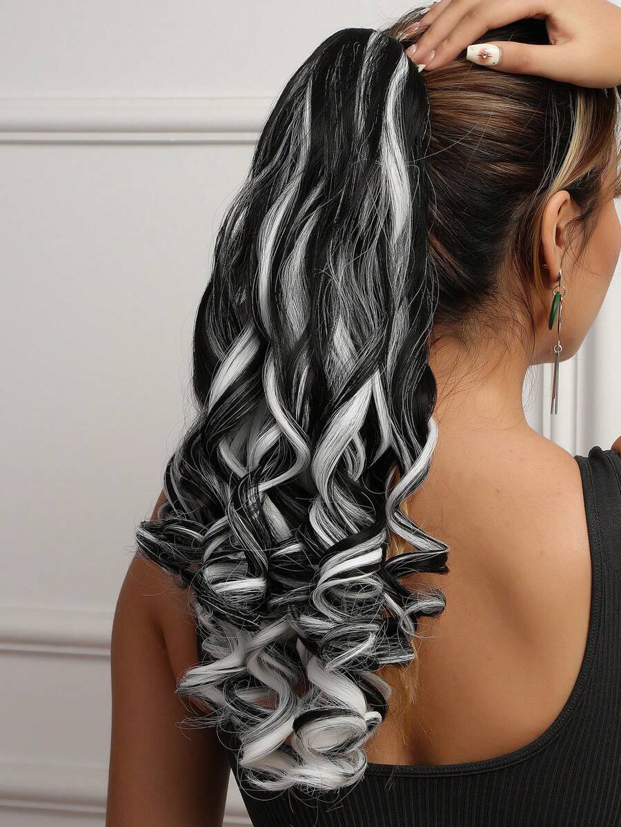 Synthetic Hairpieces Long Curly Wavy ponytail wig Black and white 18 ...