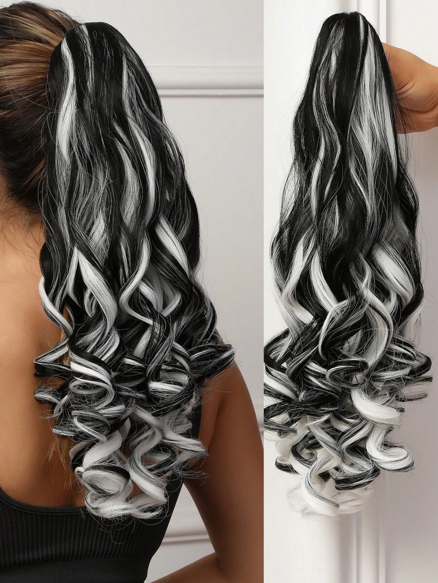 Synthetic Hairpieces Long Curly Wavy ponytail wig Black and white 18 ...