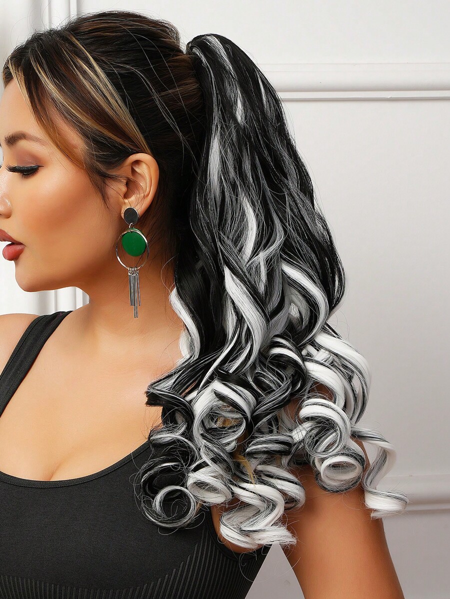 Synthetic Hairpieces Long Curly Wavy ponytail wig Black and white 18 ...
