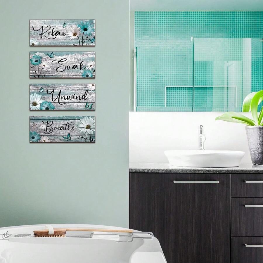 4 Pcs Farmhouse Bathroom Wall Decor Sign Daisy Floral Flowers And ...