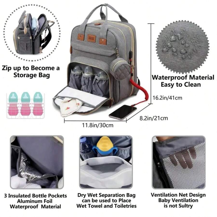 1pc Gray Diaper Bag Large Capacity Mummy Bag, Portable Travel Baby Bed ...