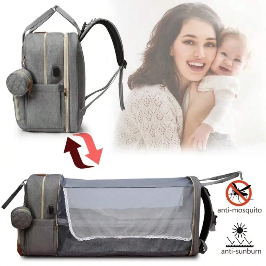1pc Gray Diaper Bag Large Capacity Mummy Bag, Portable Travel Baby Bed ...