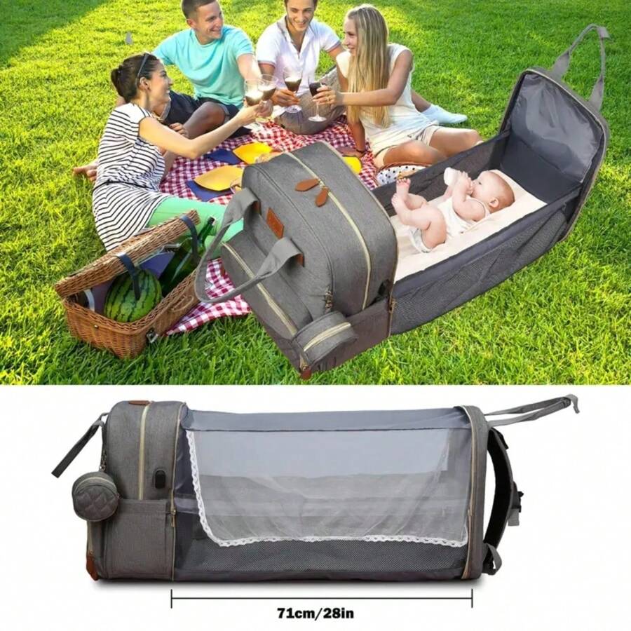 1pc Gray Diaper Bag Large Capacity Mummy Bag, Portable Travel Baby Bed ...