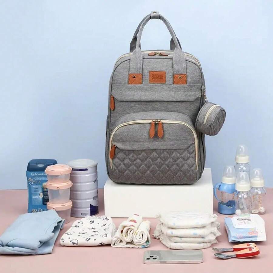 1pc Gray Diaper Bag Large Capacity Mummy Bag, Portable Travel Baby Bed ...