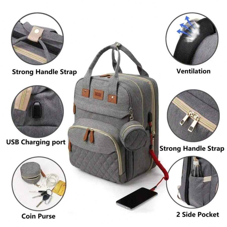1pc Gray Diaper Bag Large Capacity Mummy Bag, Portable Travel Baby Bed ...